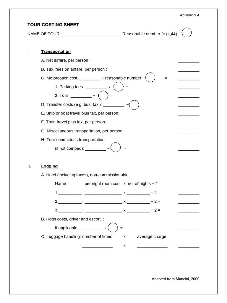 Tour Costing Sheet Template | PDF | Financial Markets | Business Process