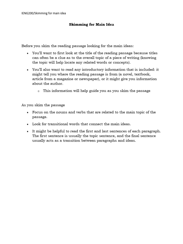 Skimming Techniques for Main Ideas | PDF