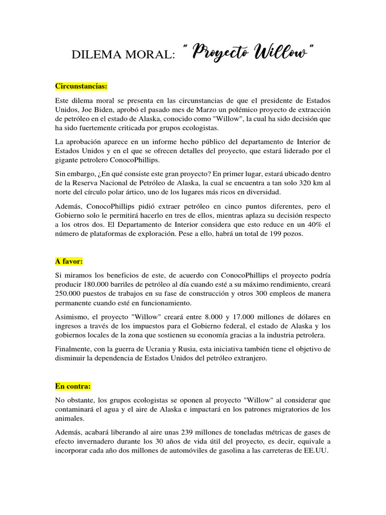 Dilema Moral Proyecto Willow | PDF | Petróleo | Alaska