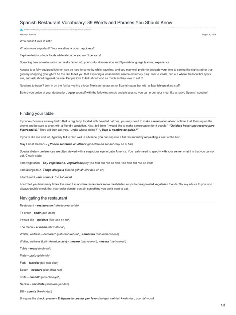 Spanish Restaurant Vocabulary | PDF | Lunch | Waiting Staff