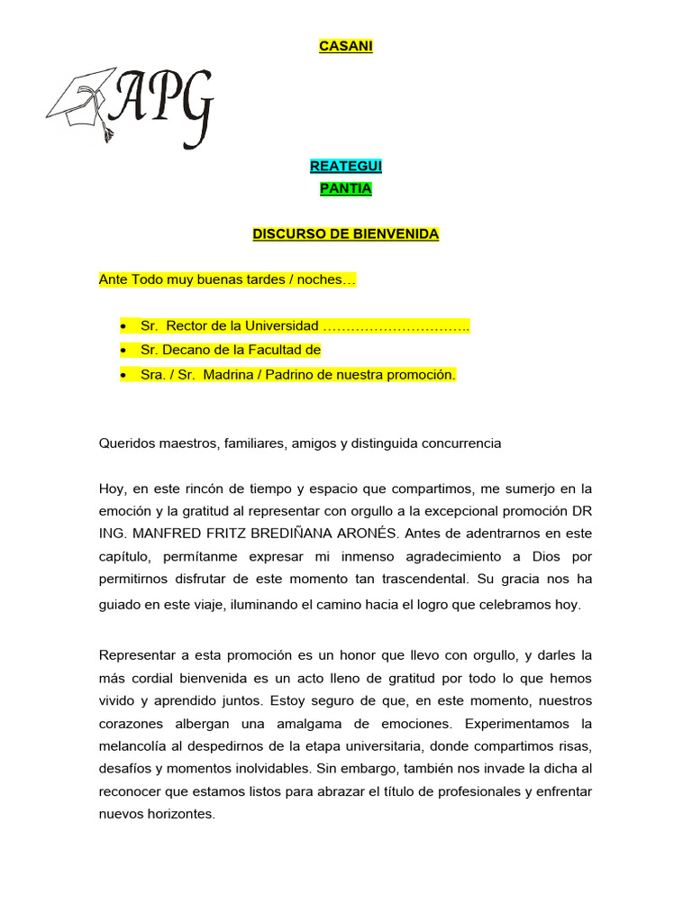 MODELO DISCURSO BIENVENIDA - APG .1 | PDF