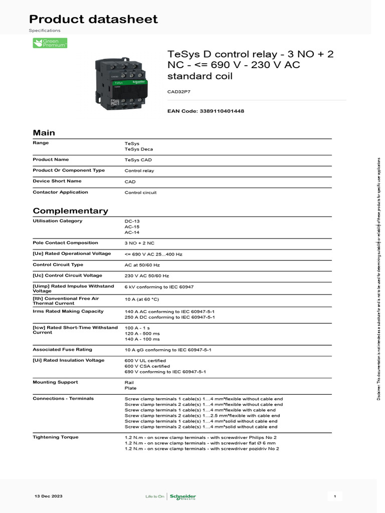 Schneider Electric - TeSys-K-D-SK-Control-Relays - CAD32P7 | PDF