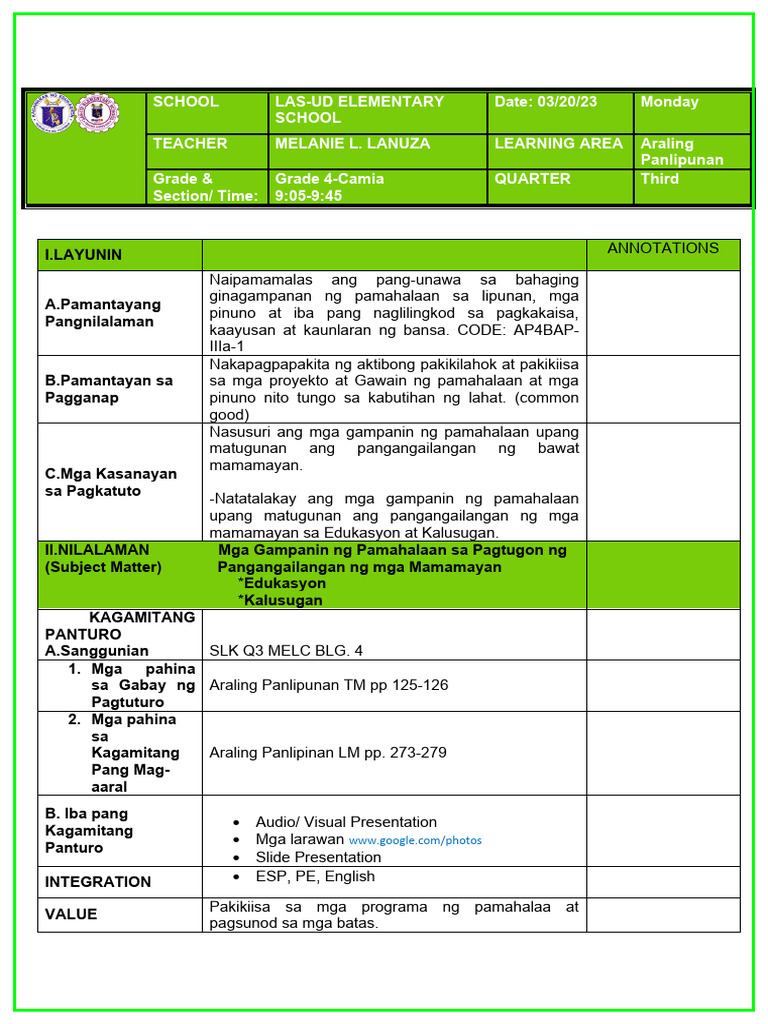 COT-LP Science - Araling Panlipunan 4-Q3 | PDF