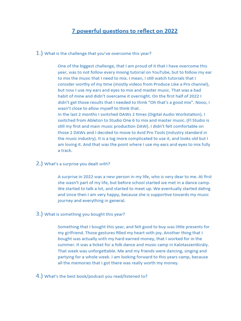 7 Powerful Questions to Reflect on 2022 | PDF