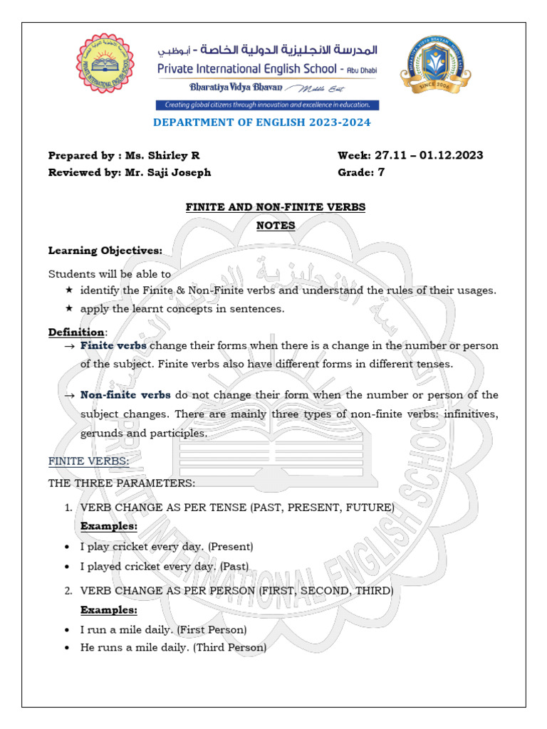 Finite and Non-Finite Verbs - Notes | PDF | Verb | Grammatical Number