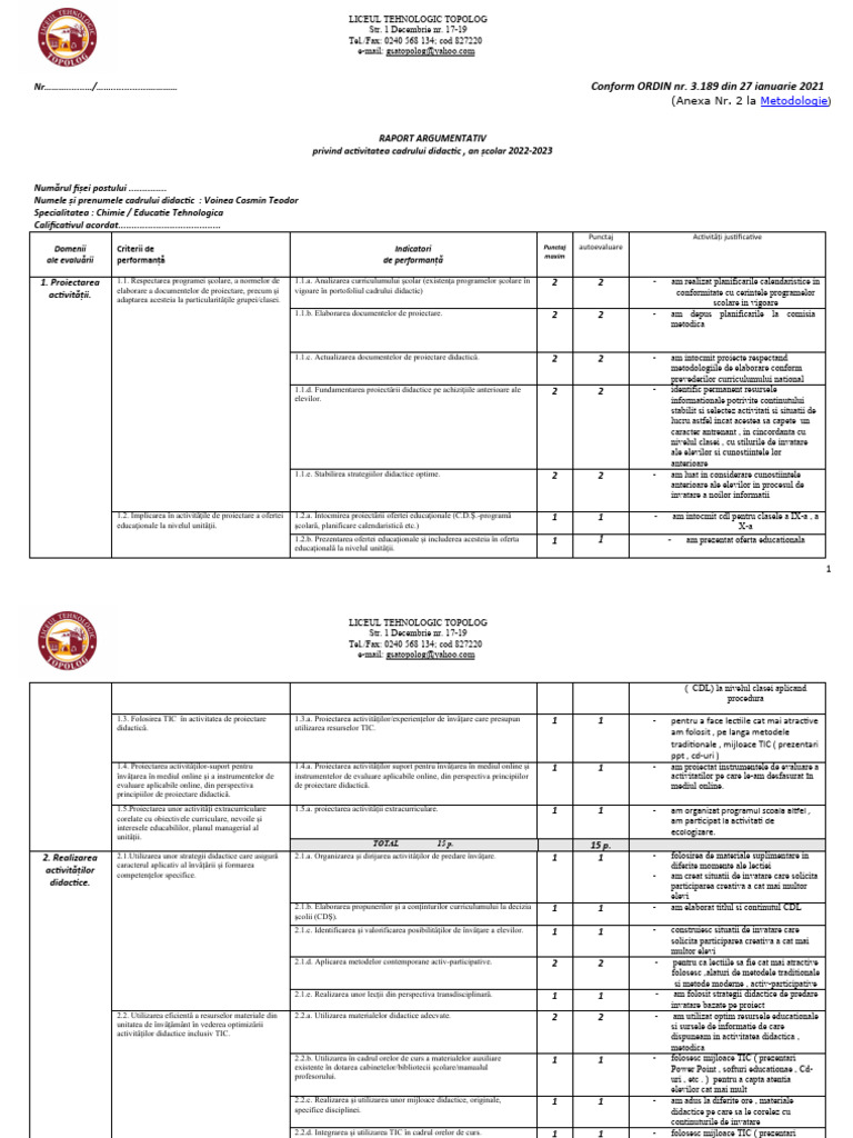 Raport Autoevaluare - Evaluare - Profesor - 2022-2023 Voinea Cosmin Teodor | PDF