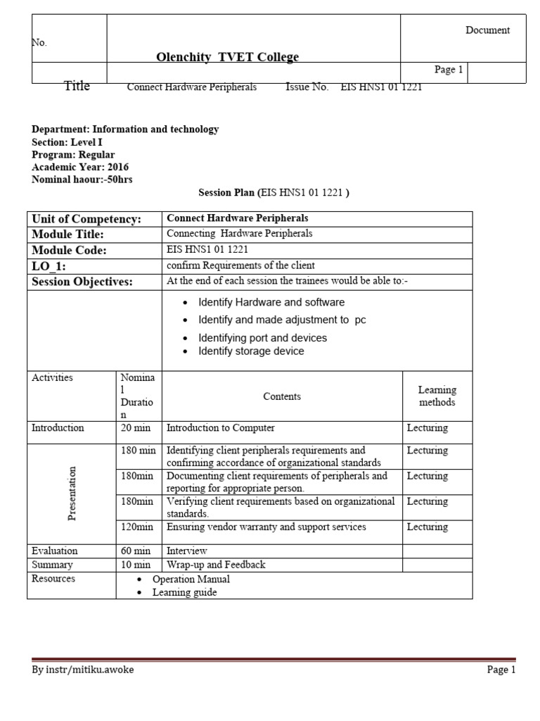 SessionPlan 1 Connect Hardware Pheripheral | PDF | Computer Hardware | Internet
