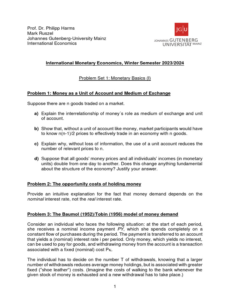 Monetary Economics Problem Set 2023 | PDF | Money | Demand For Money