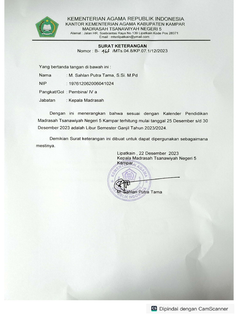 Surat Keterangan Libur | PDF