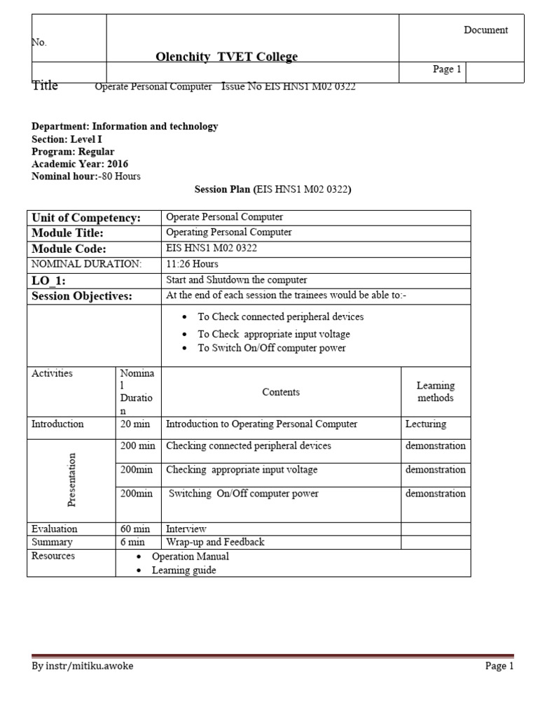 Sessionplan 2 Operate Personal Computer Pdf Computer File Directory Computing 