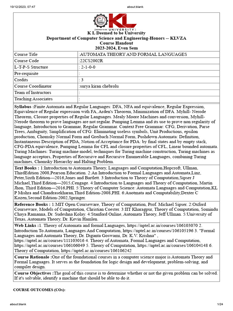 ATFL | PDF | Engineering | Theory Of Computation