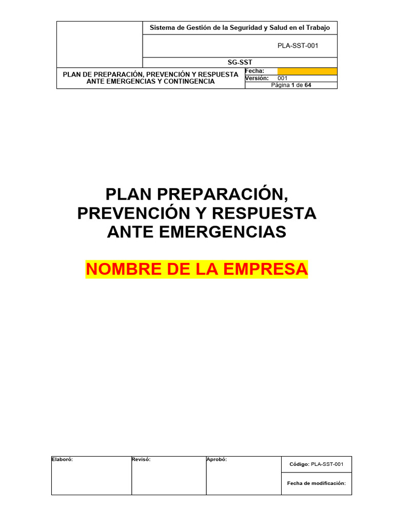Plan Prevencion Y-Respuesta A em V1 | PDF | Riesgo | Seguridad y salud ocupacional