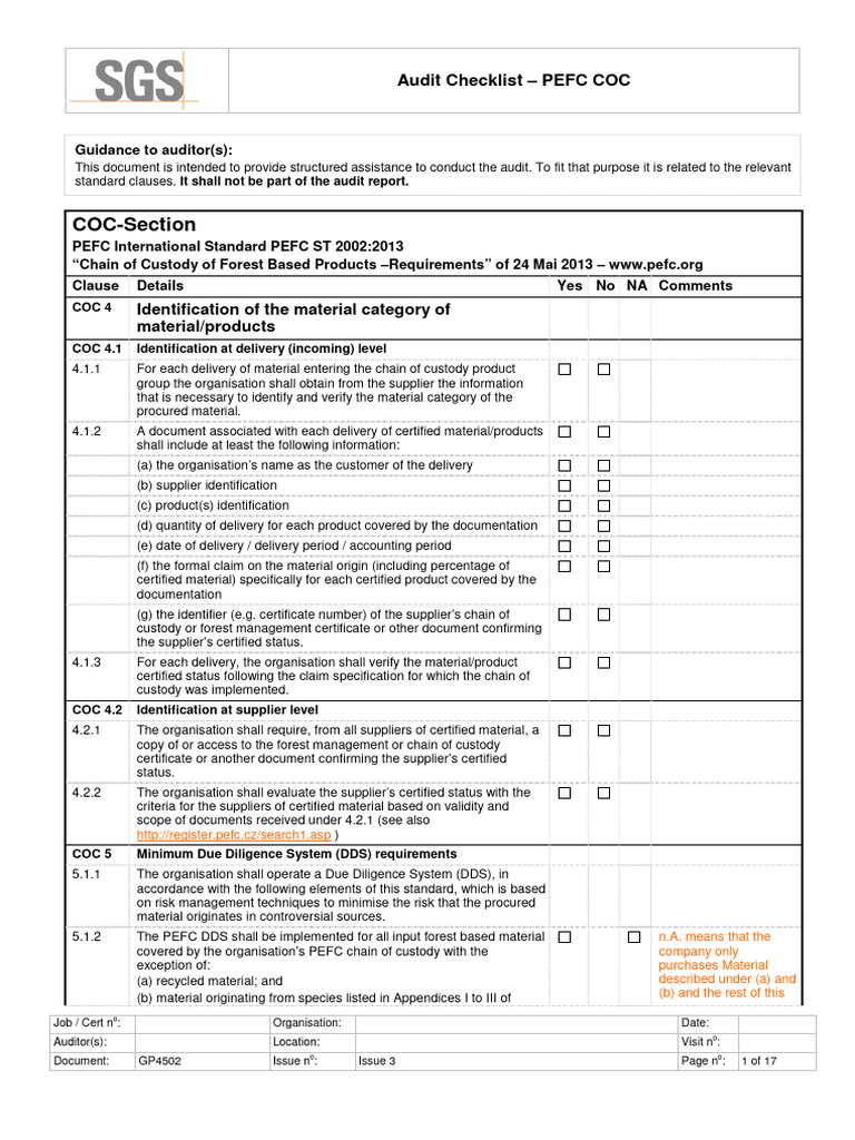SGS SSC PEFC COC 2002 2013 Audit Checklist EN A4 2014v1.ashx | PDF ...
