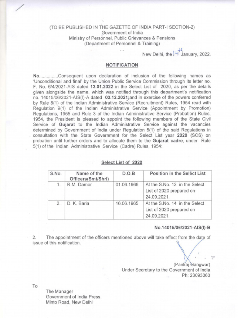 DoPT Notification Dated 14.01.2022 - Appointment of 2 SCS Officers To The IAS Gujarat Cadre ...