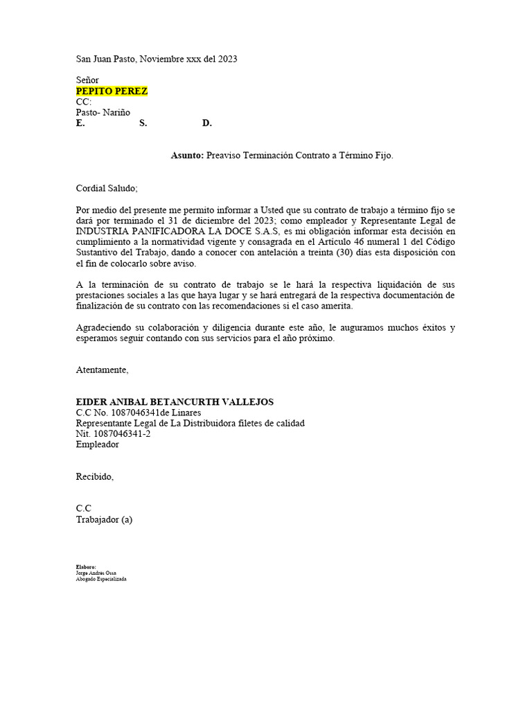 Preaviso Terminacion de Contrato . | PDF