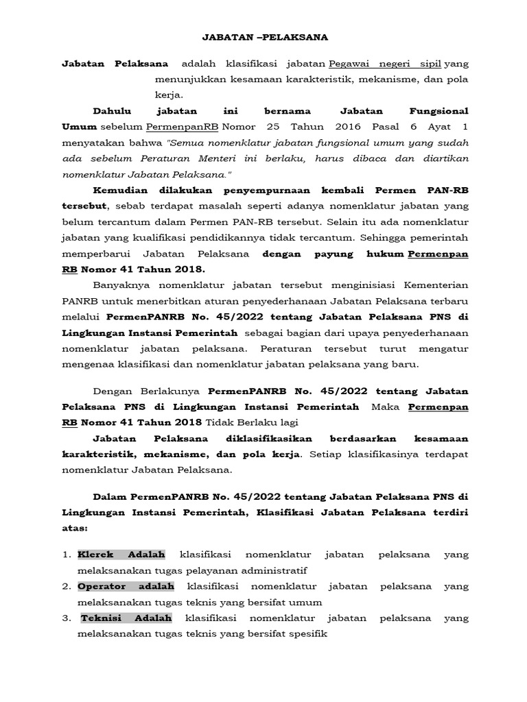 Jabatan Pelaksana Baru - Klerek, Operator Dan Teknis | PDF