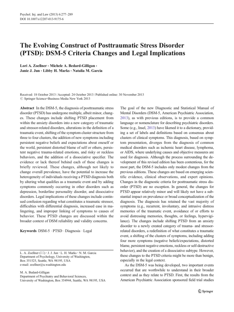 The Evolving Construct of Posttraumatic Stress disorder-DSM 5 Criteria ...