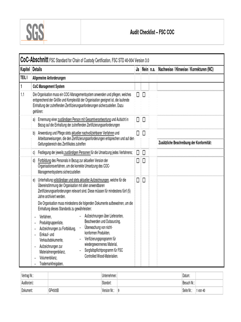 SGS FSC COC Audit Checklist EN | PDF