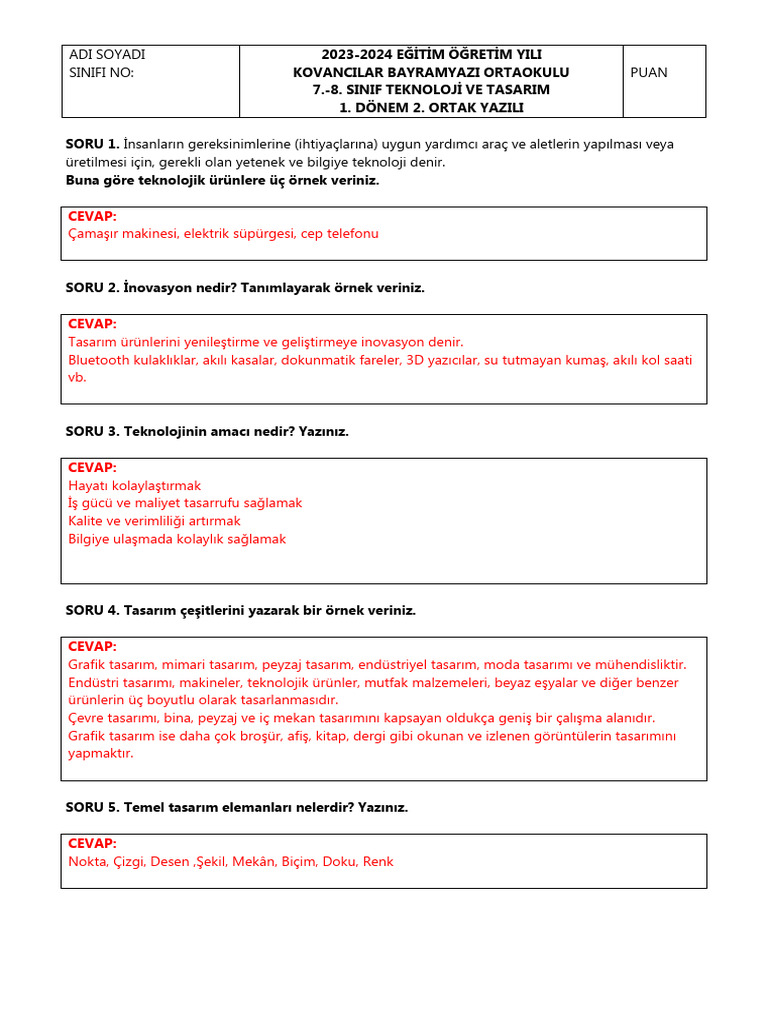 2023 2024 7 8. Sinif Teknoloji Ve Tasarim 1. Donem 2. Yazili Cevap Anahtari | PDF