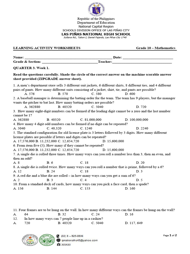 MATH-Q3-W1-LAW-Multiple-Choice-Grade-10 Without Key | PDF