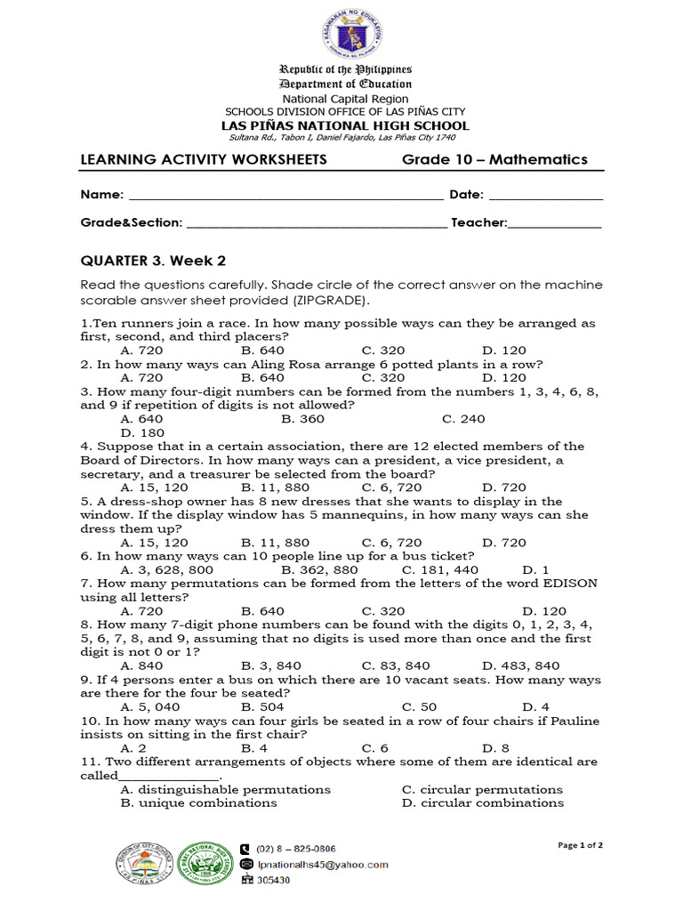 Q3 W2 LAW Grade 10 | PDF | Permutation | Mathematics