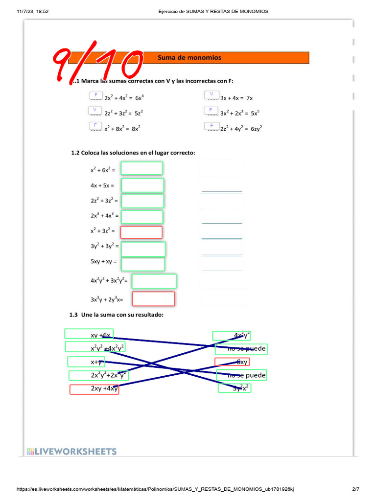 Ejercicio de SUMAS Y RESTAS DE MONOMIOS | PDF