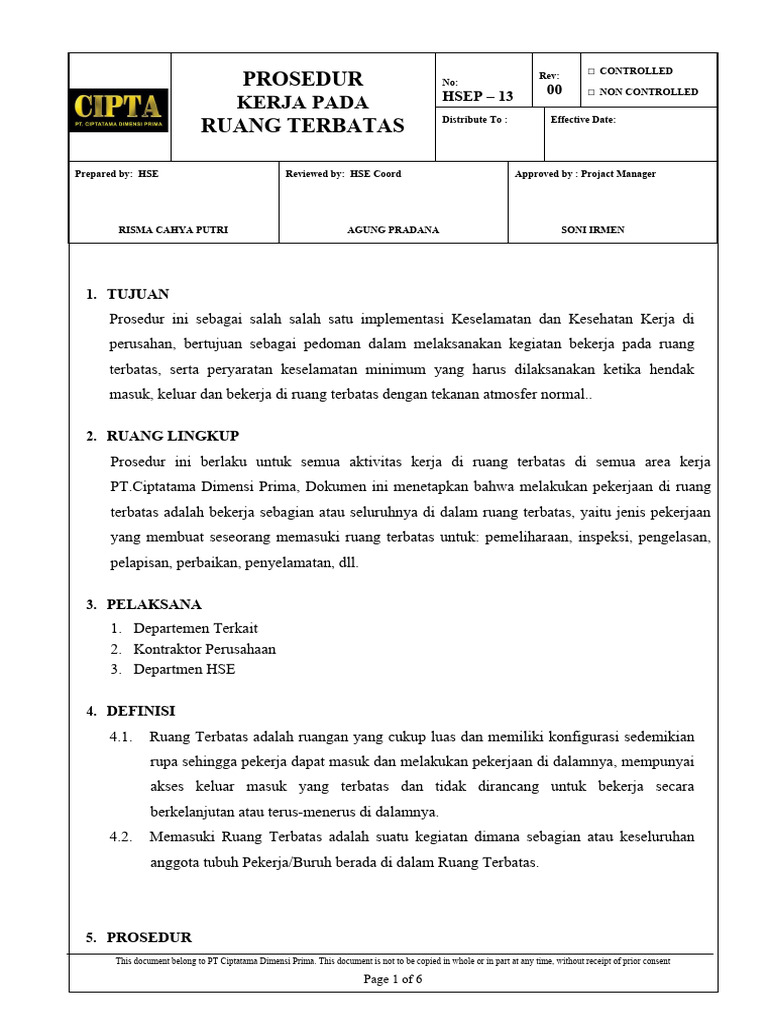 Hsep-13-Prosedur Kerja Ruang Terbatas | PDF