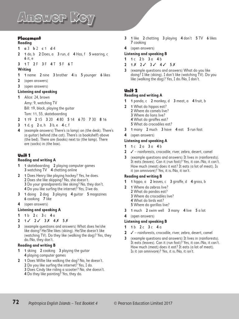 Islands Level 4 Tests AnswerKey | PDF