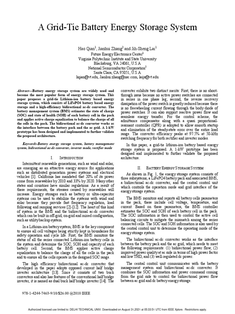 (2010) A Grid-Tie Battery Energy Storage System | PDF | Rectifier ...