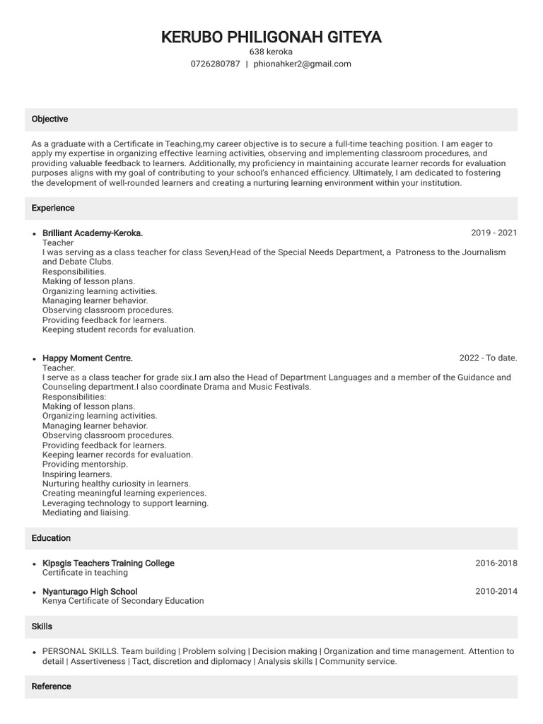 Teaching Resume of Kerubo Giteya | PDF | Learning | Teachers