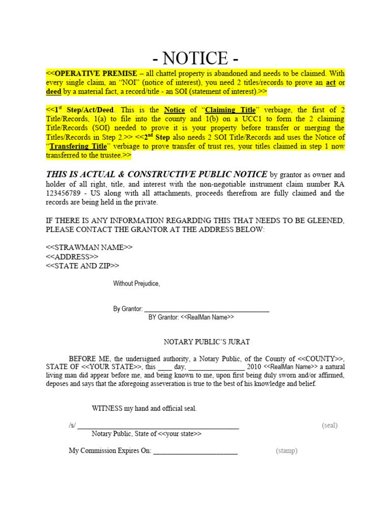 NOTICE - Record of Claiming Title & Transfering Title in County, UCC ...
