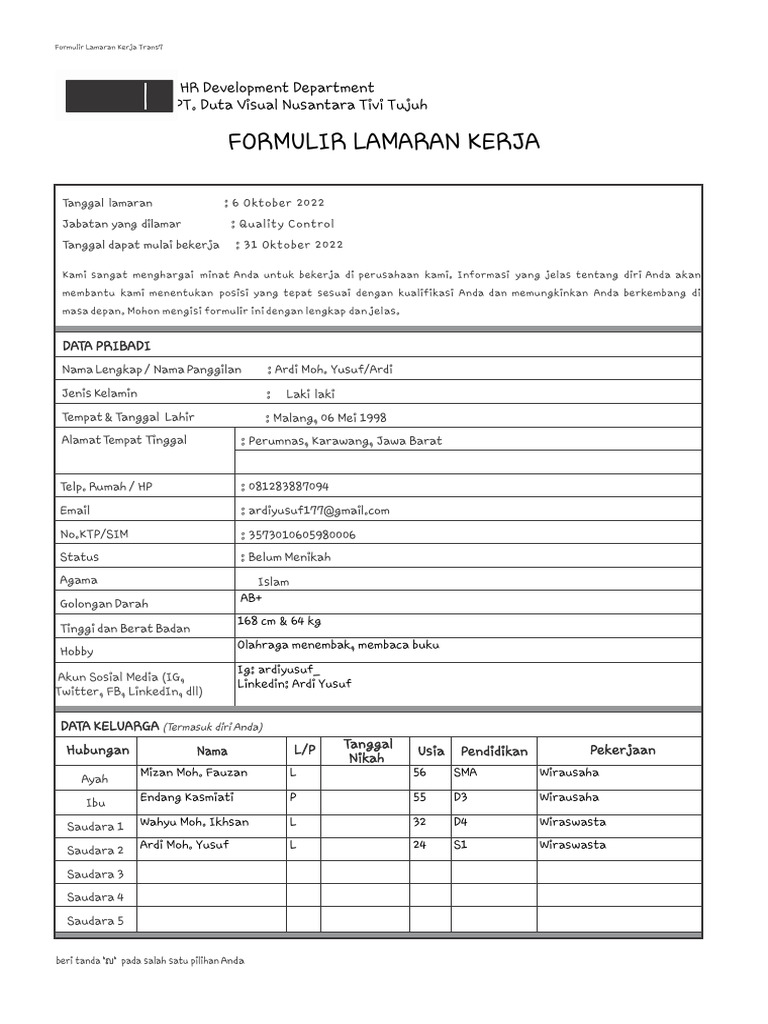 TRANS7 Job Application Form | PDF