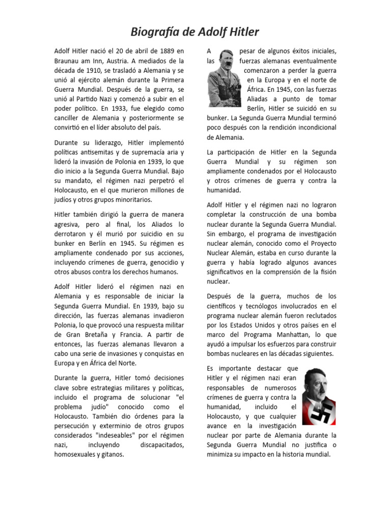 Biografía de Adolf Hitler y su legado | PDF | Alemania nazi | Adolf Hitler