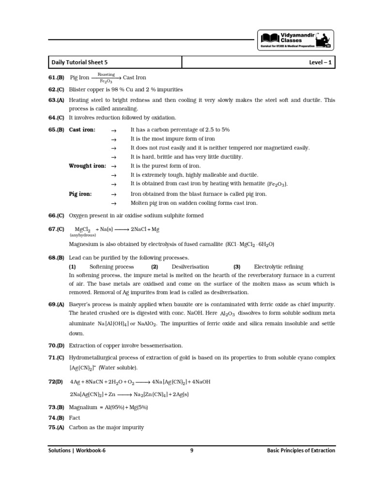 Basic Principle of Extraction - DTS 5 Sol | PDF | Iron | Steel
