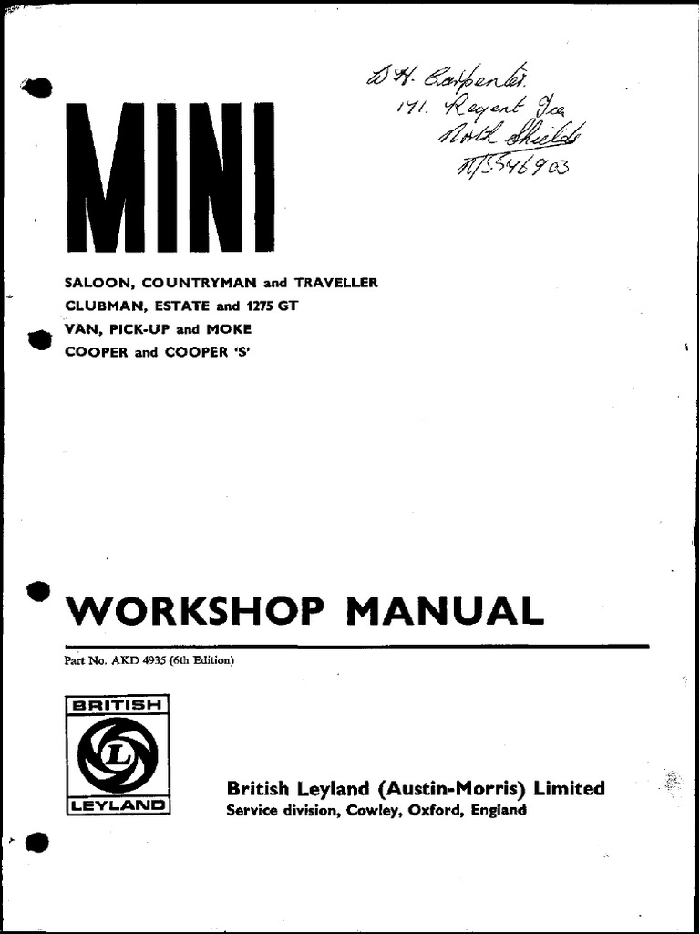 Mini Cooper Workshop Manual 1971 - Compressed | PDF
