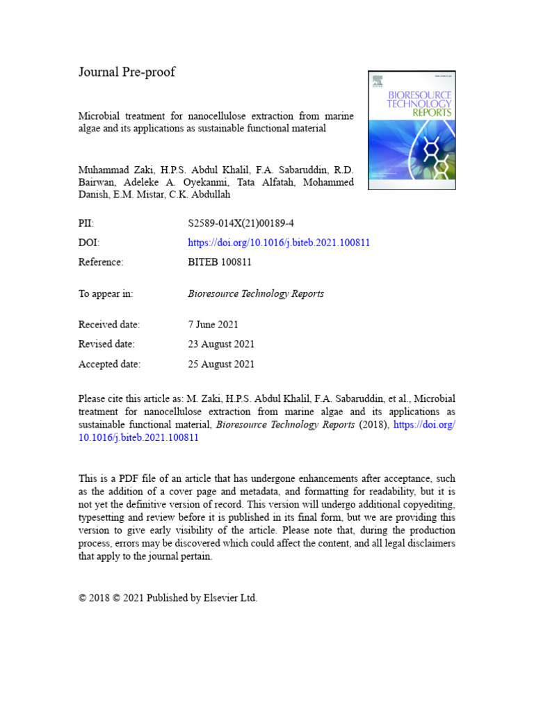 Journal Pre-Proof: Bioresource Technology Reports | PDF | Seaweed | Materials