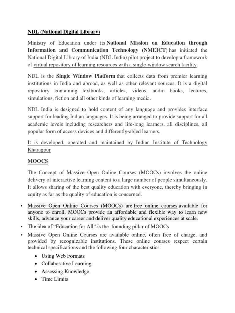Informatics (NDL. SWAYAM, MOOCs) | PDF | Educational Technology | Massive Open Online Course