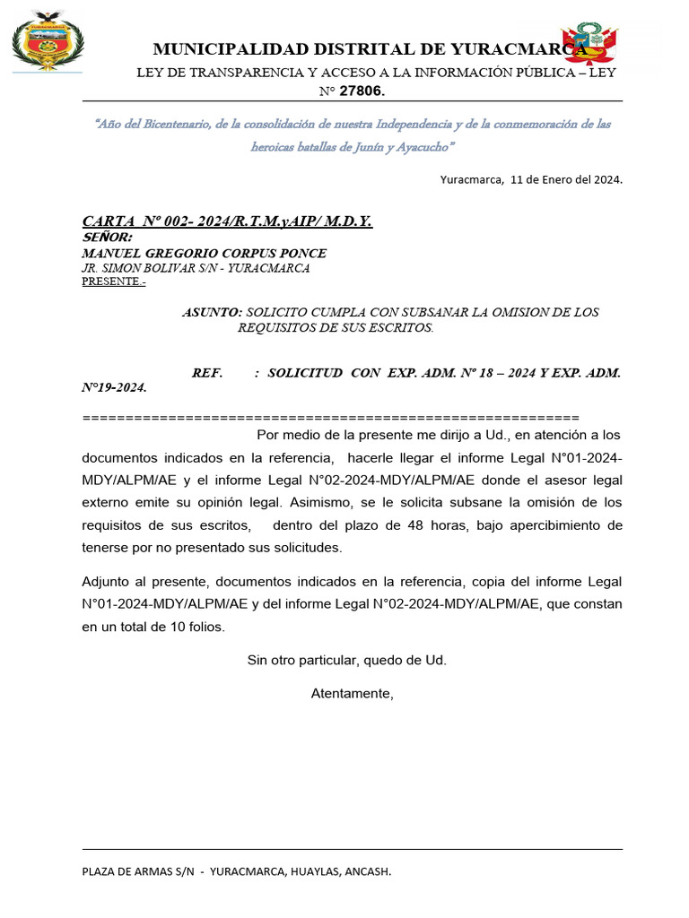 Carta N°002-2024 TRANSPARENCIA MDY | PDF