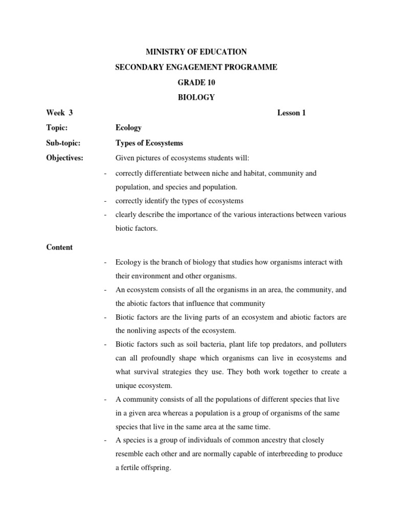 Grade 10 Biology Week 3 Lesson 1 | PDF | Ecosystem | Ecology