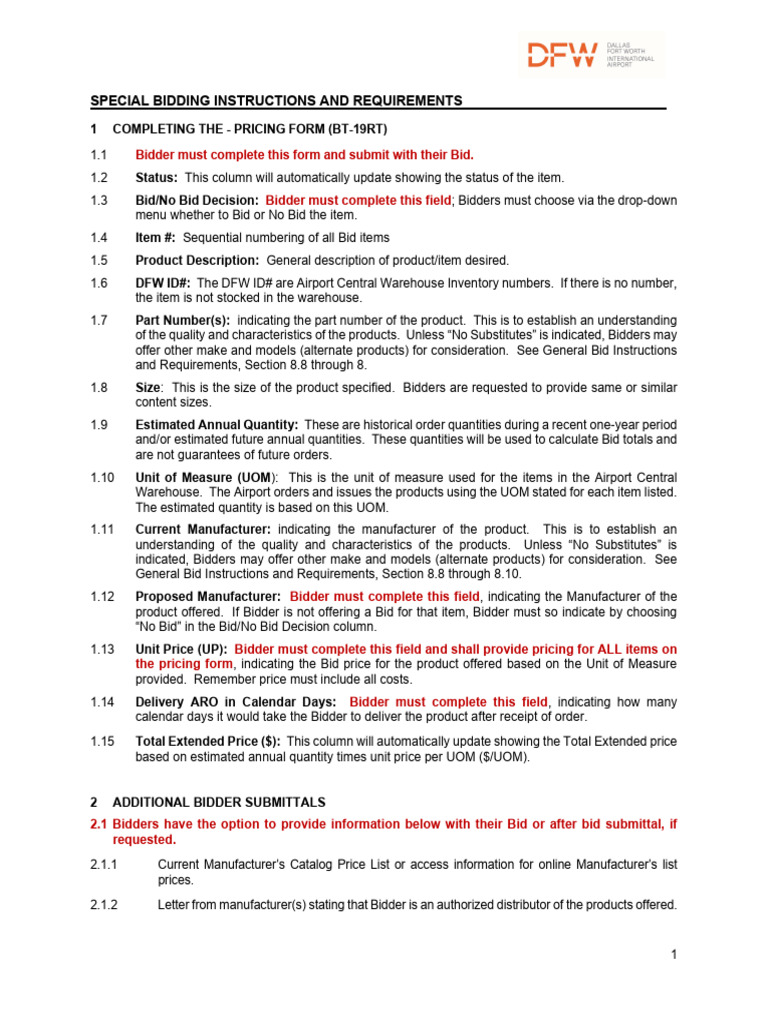 Special Bid Instructions, Requirements and Evaluation of Bid | PDF ...