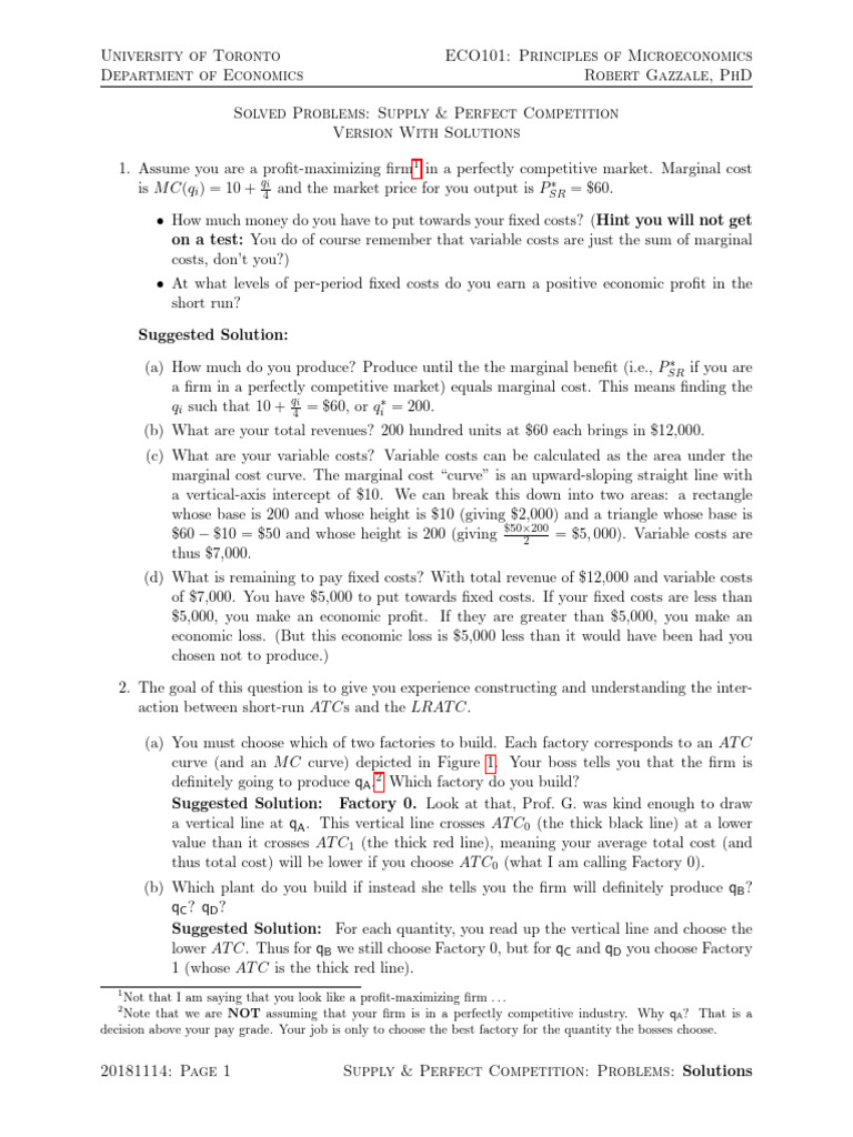 ECO101 Solved Problems Supply Perfect Competition Solutions | PDF | Perfect Competition ...