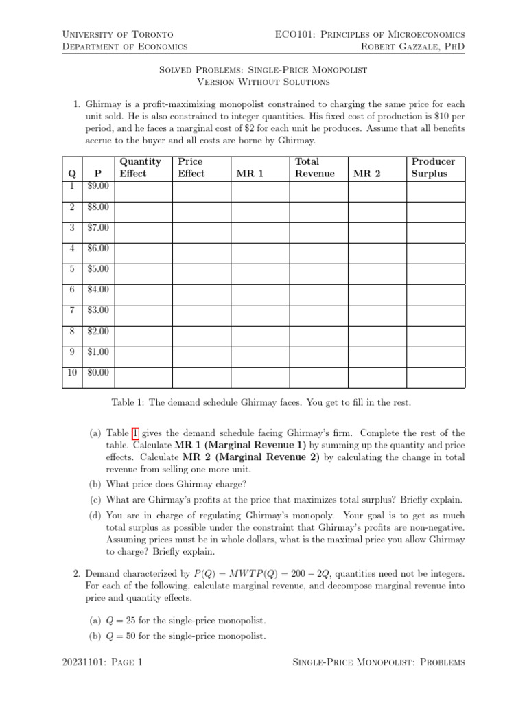 Microeconomics Monopolist Problems | PDF | Monopoly | Economic Equilibrium
