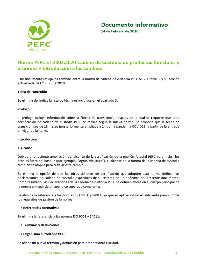 Cambios de La 13 A Las 20 - Norma PEFC ST 2002 - 2020 Cadena de ...
