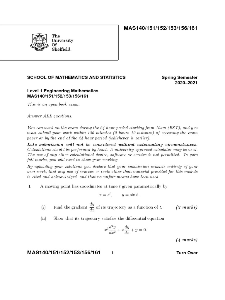 MAS151 Exam Paper | PDF | Trigonometric Functions | Mathematics