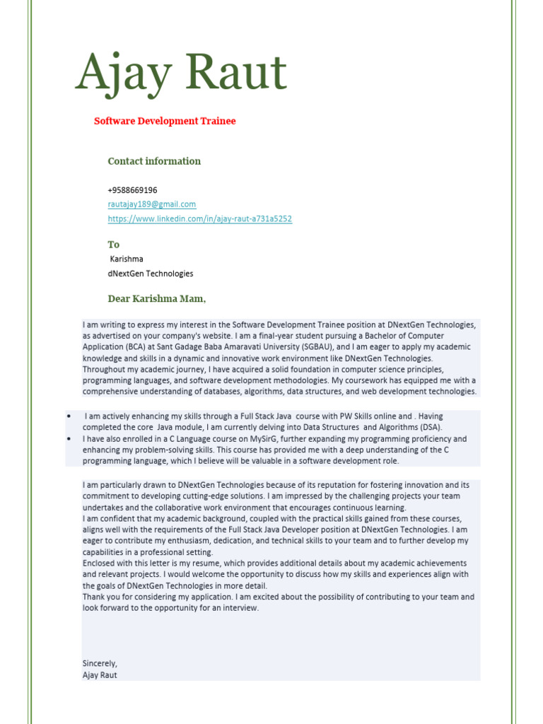 Covering Letter Ajay Raut | PDF | Computer Programming | Software ...