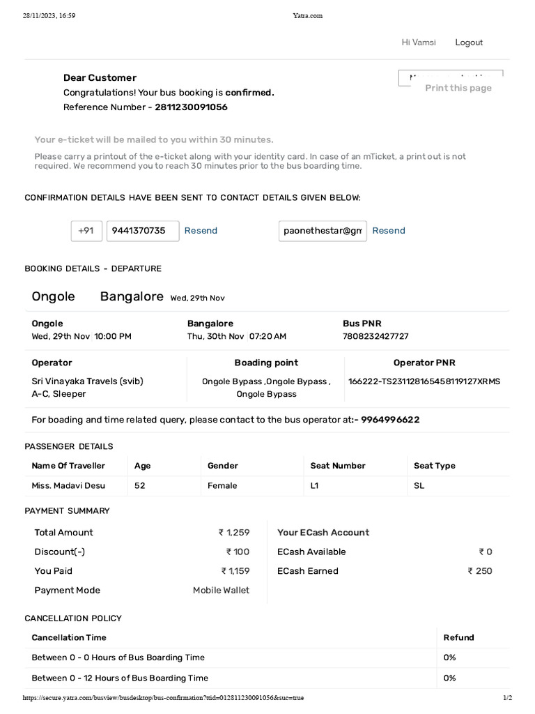 Ongole Bangalore: Dear Customer | PDF | Bus | Public Transport