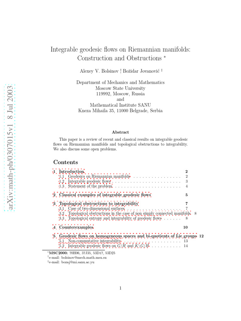 Integrable Geodesic Flows On Riemannian Manifolds: Construction and Obstructions | PDF ...