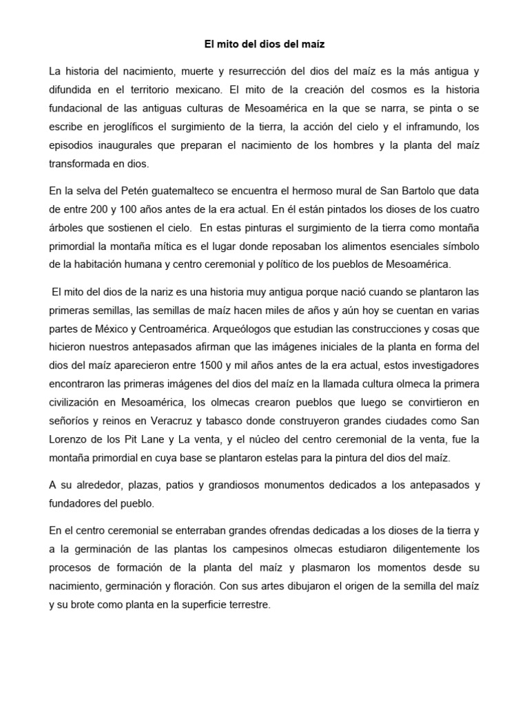 El Mito Del Dios Del Maíz | PDF | Mesoamérica | Civilización maya