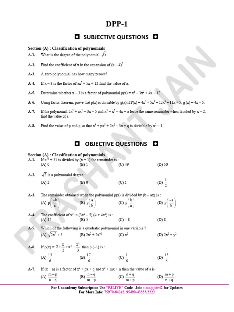 Dpp-1 Classification of Polynomial | PDF | Polynomial | Algebra Dpp-1 Classification of Polynomial | PDF | Polynomial | Algebra