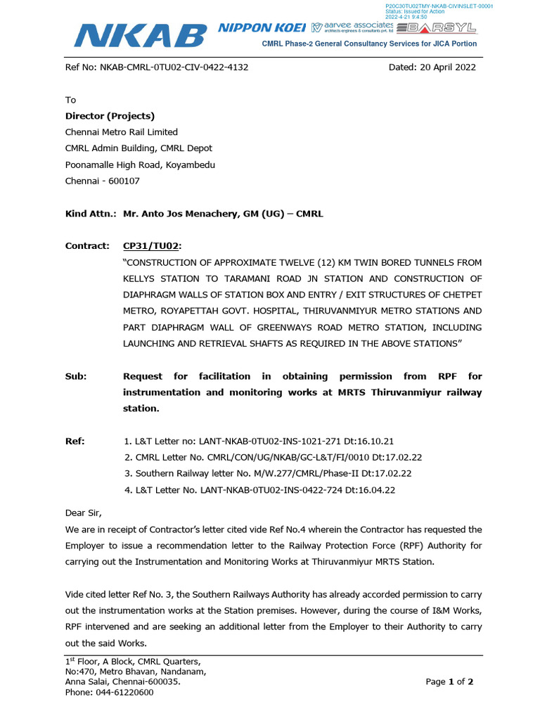CMRL Phase-2: RPF Permission Request | PDF | Public Transport | Rail ...
